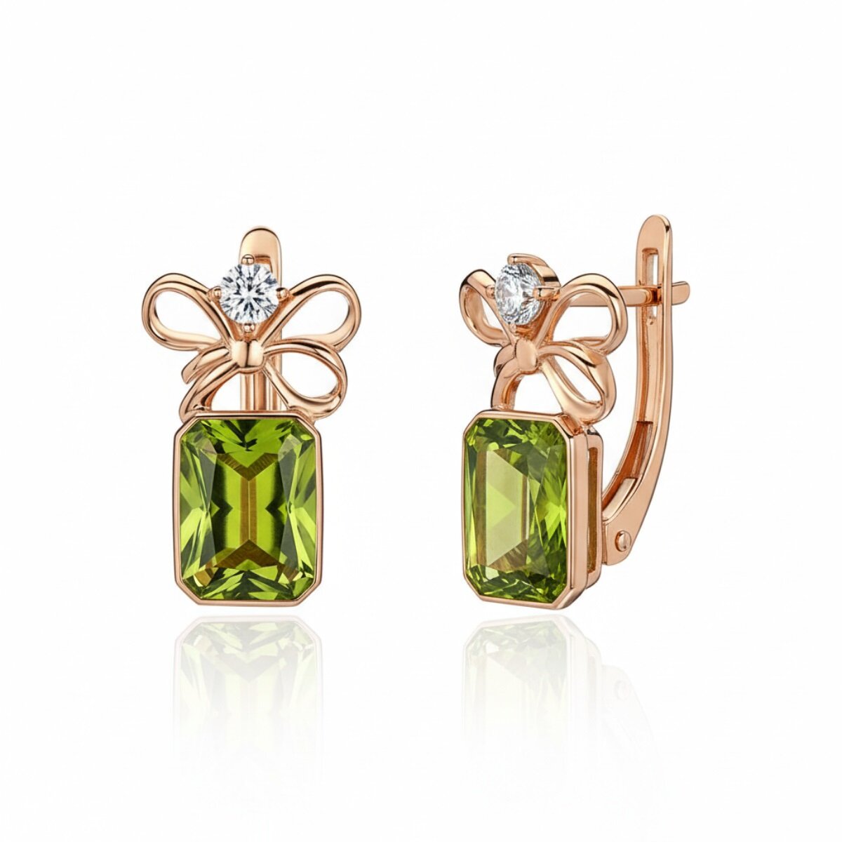 Серьги, красное золото, 585 проба, фианит, хризолит