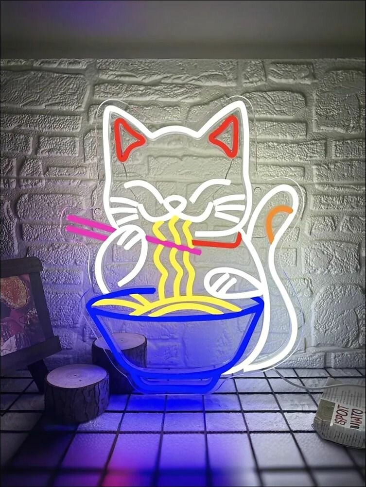 Неоновая подсветка Кот с раменом : Яркий декор для интерьера 40x32.5 см