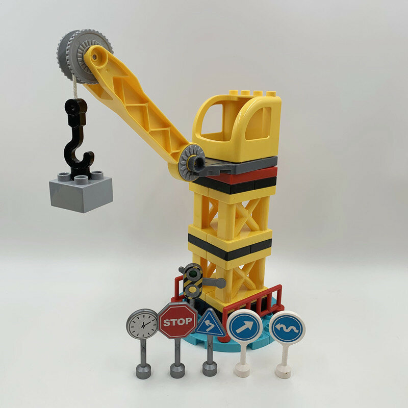 Набор крана-башни и дорожных знаков со стрелой для детей, крупные строительные блоки