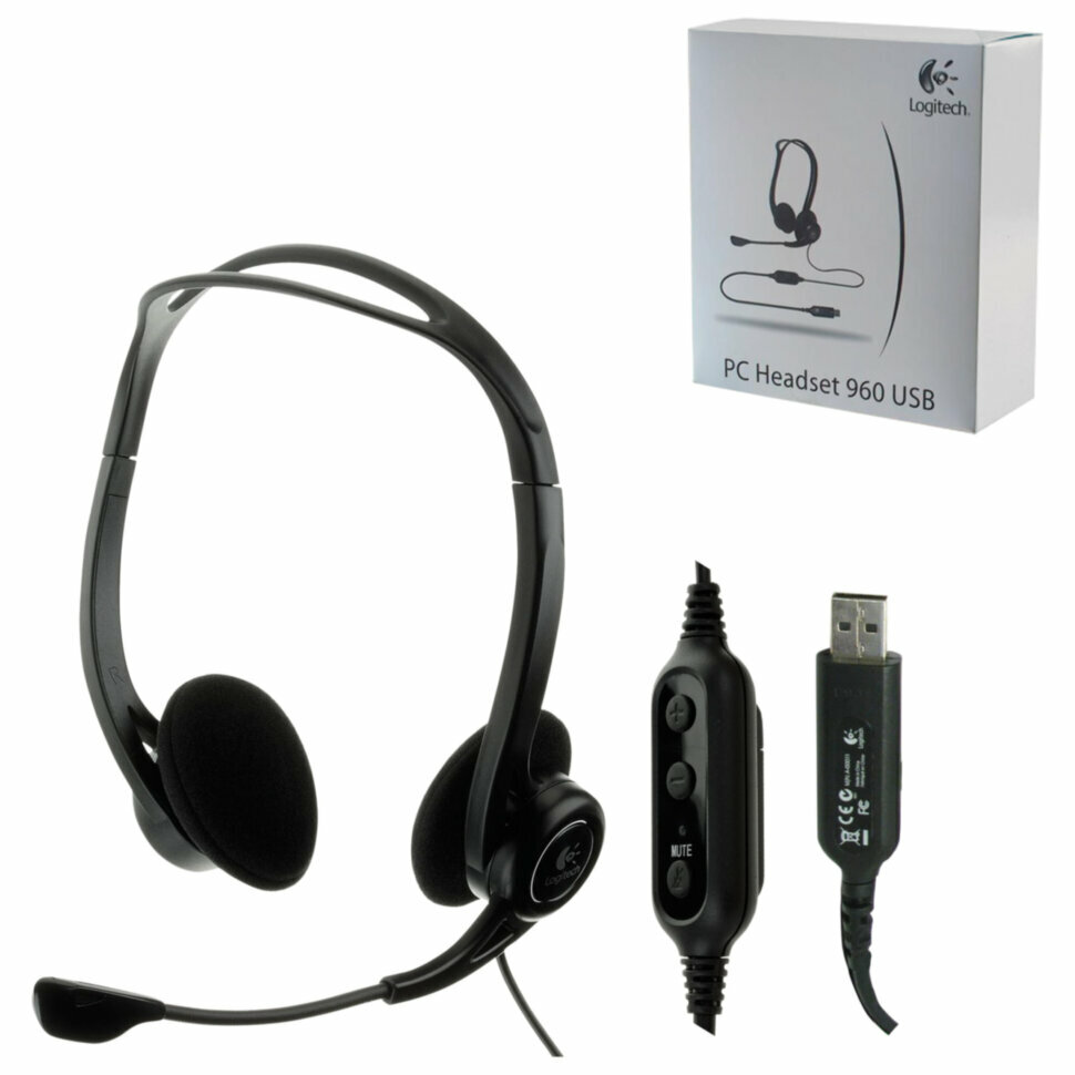 Наушники с микрофоном (гарнитура) LOGITECH PC 960, проводная, компьютерная, 2,4 м, стерео, USB, черная, 511386