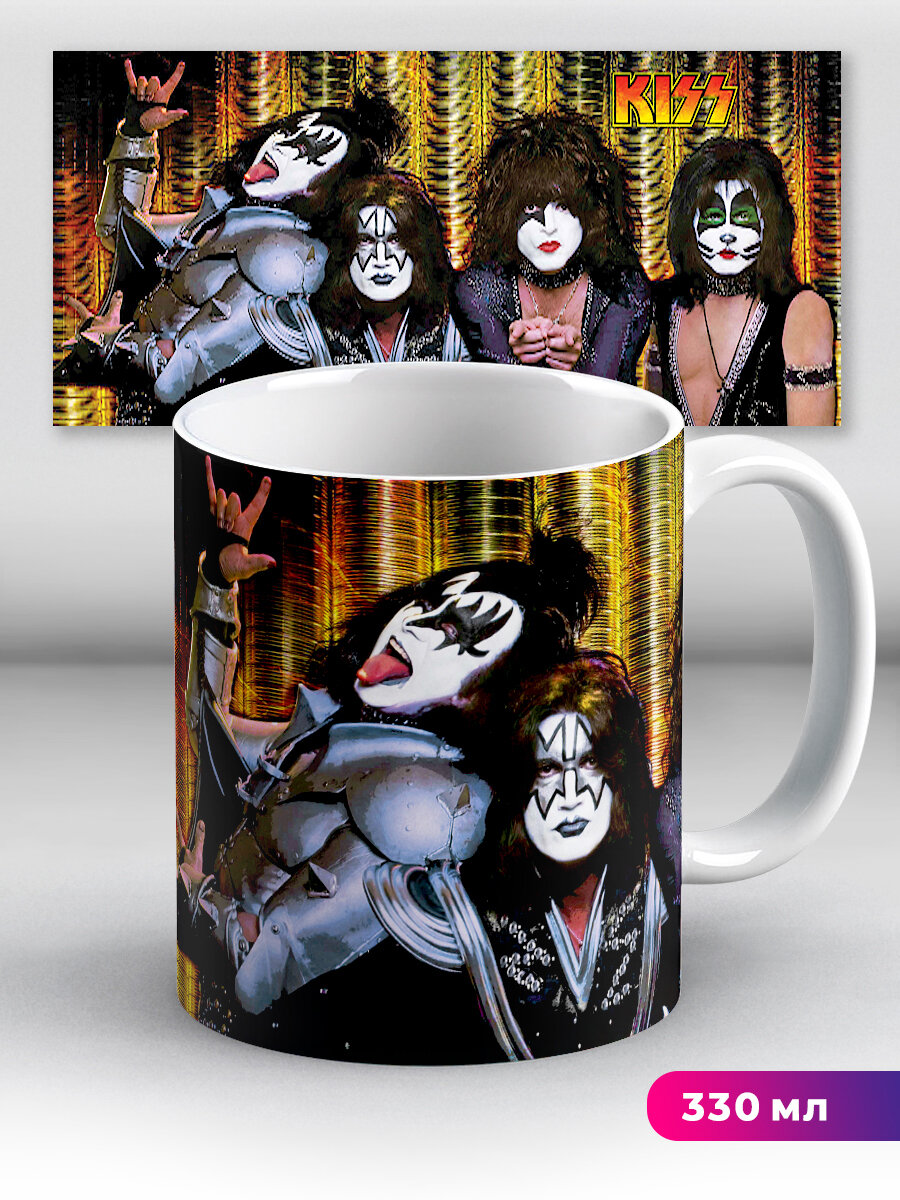 Кружка Kiss Кисс золото 330 мл, керамическая с ярким принтом, подходит для СВЧ, горячих и холодных напитков
