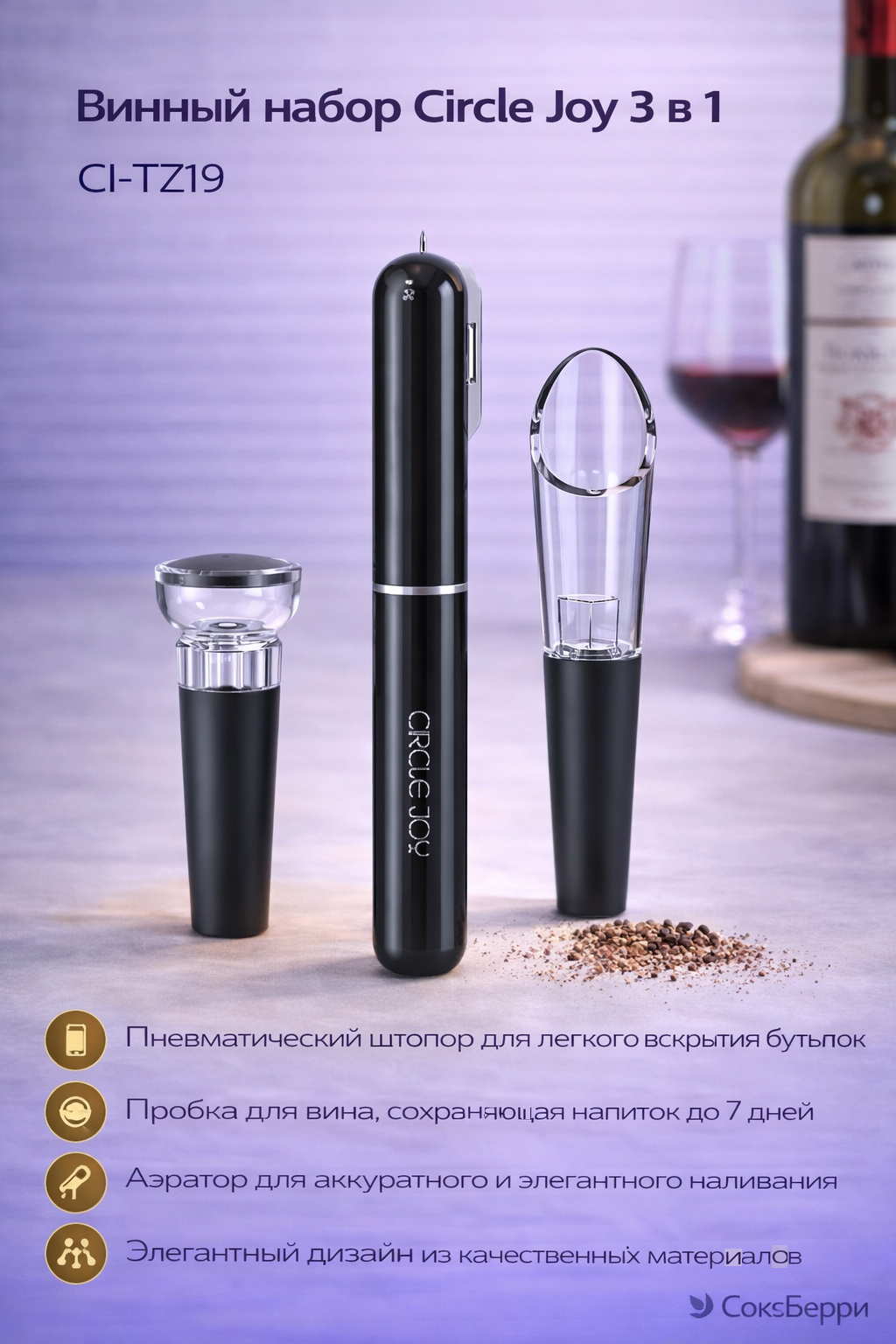 Винный набор аксессуаров Circle Joy Air Pump Wine Opener Set 3 в 1 (CJ-TZ19) (черный)