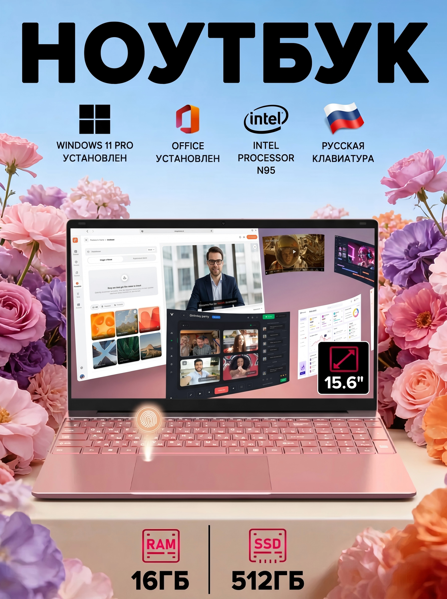 Ноутбук 15.6", Intel N95, RAM 16 ГБ, SSD 512 ГБ, Intel UHD Graphics, Windows Pro, розовый, Русская раскладка