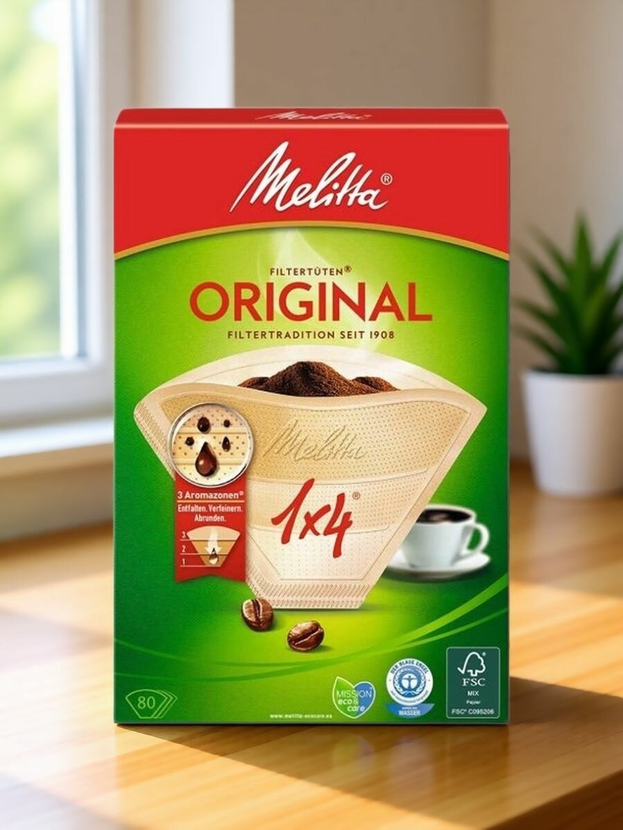 Сменные одноразовые бумажные фильтры Melitta "Original" Brown1X4/80 для кофеварок упаковка 80 шт, без хлора, идеальная фильтрация кофе.