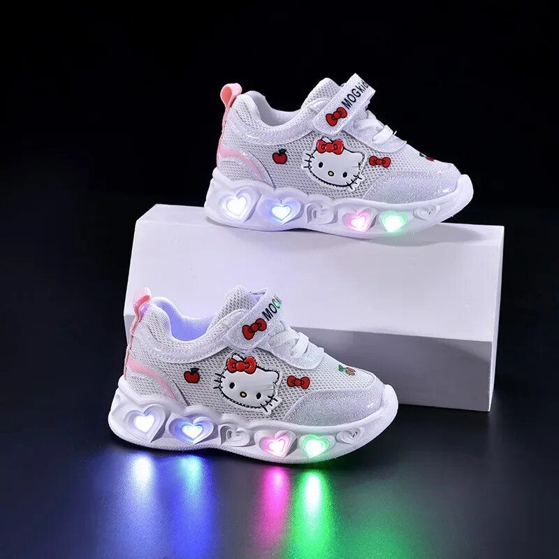 MINISO Детские повседневные туфли Hello Kitty со светодиодной подсветкой, из искусственной кожи с мультяшным рисунком, модные спортивные балетки, дышащие, белые и розовые, размеры 21-30, Размер обуви: 27