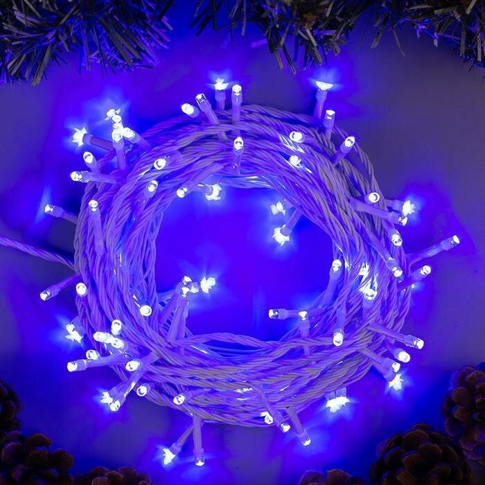 Гирлянда Нить 10 м, IP20, белая нить, 100 LED, свечение синее, 8 режимов, 220 В