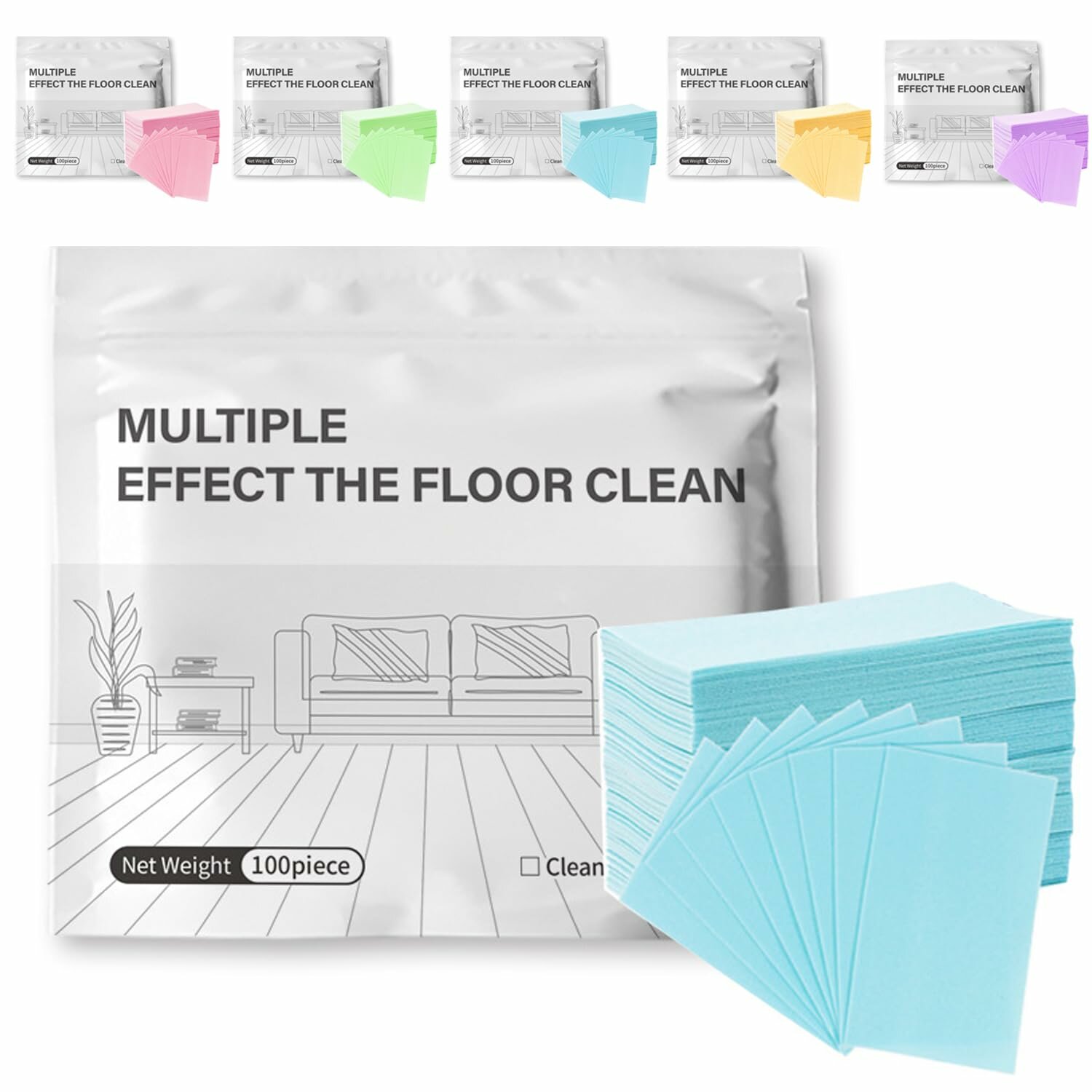 Листы для чистки полов Multi Effect, Водорастворимые листы для чистки полов, Концентрированные таблетки для мытья полов с несколькими поверхностями, раствор для мытья полов, Multiple Effect the Floors Clean (синий, 100 шт.)