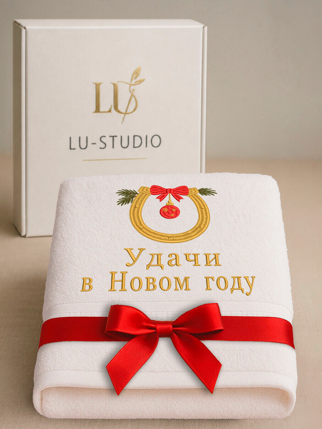Подарок на Новый год полотенце банное 70х140, LU-Studio, белый, 460 г/м², 100% хлопок