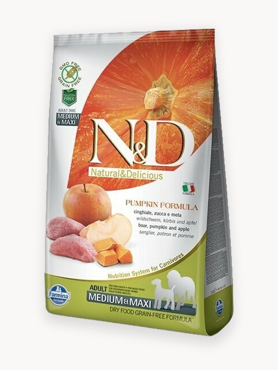 Сухой корм для взрослых собак Медиум Макси 2,5кг Кабан беззерновой Farmina N&D Pumpkin Н&Д Тыква С кабаном и яблоком