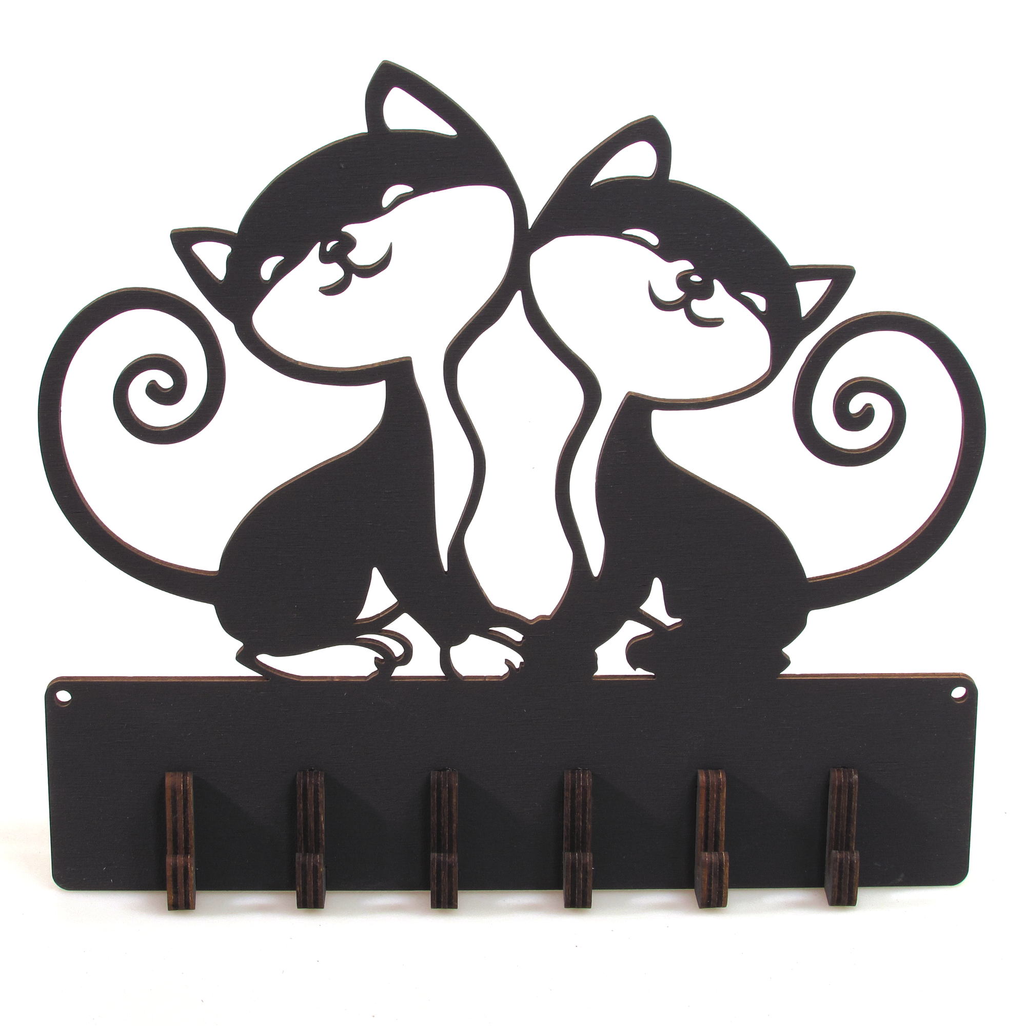 Ключница настенная DOMNATURE "Котики", черная, деревянная, 6 крючков, 21x19 см