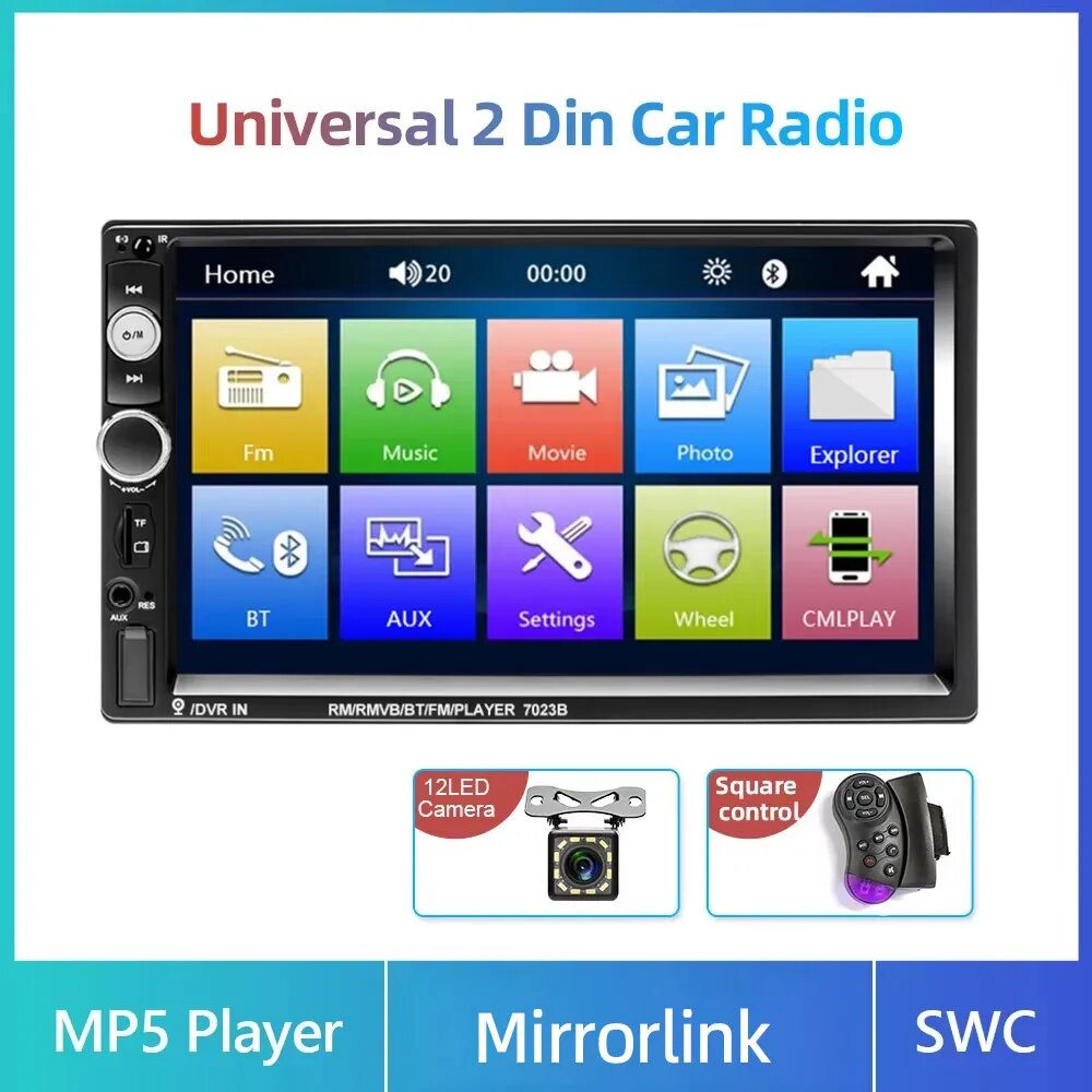 Podofo 2 Din автомобильный радиоприемник 7 "Bluetooth стерео 2din видео мультимедийный плеер авторадио сенсорный экран авто радио для универсального VW Kia 7023B Cam