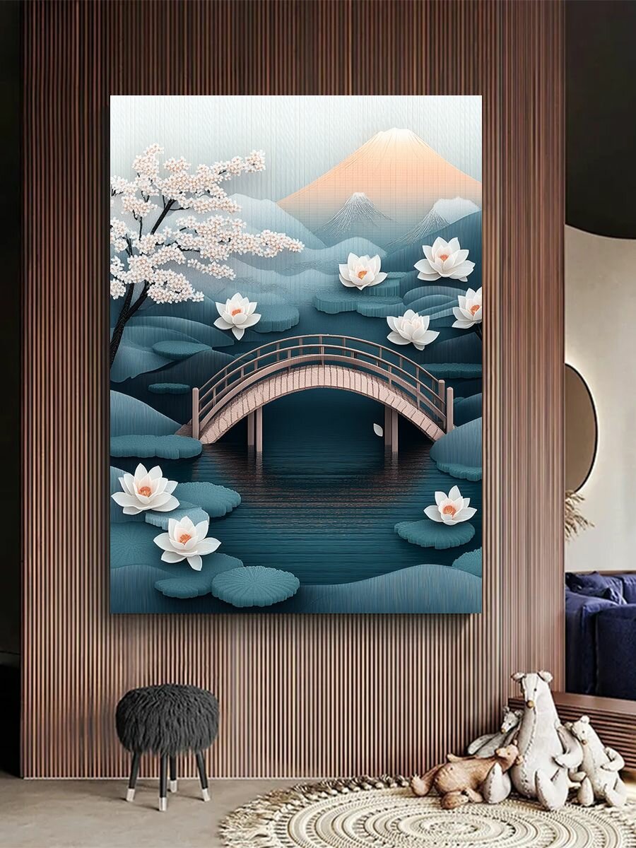 Картина интерьерная - "Пейзаж в японском стиле / гора Фудзи и сакура" , 40х60 см.