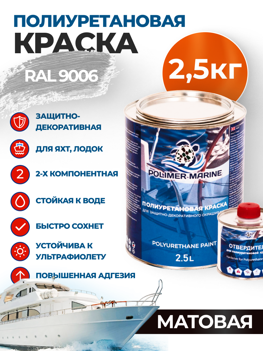 Краска полиуретановая 2К Polimer Marine матовая серебристая комплект (2,125 кг + 0,375 кг)