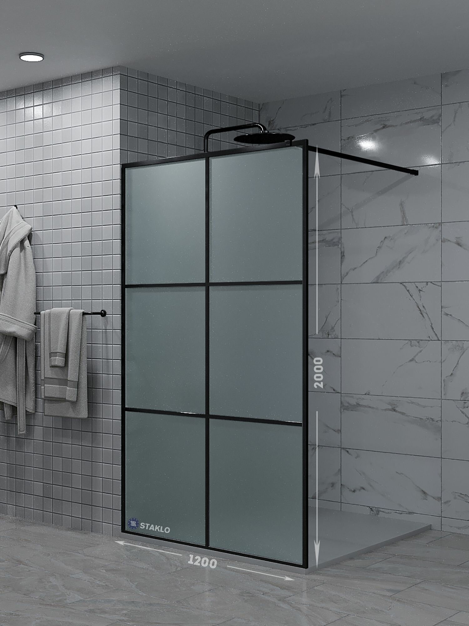 Loft душевая одиночная перегородка staklo 120x200 из матового обычного стекла черная фурнитура