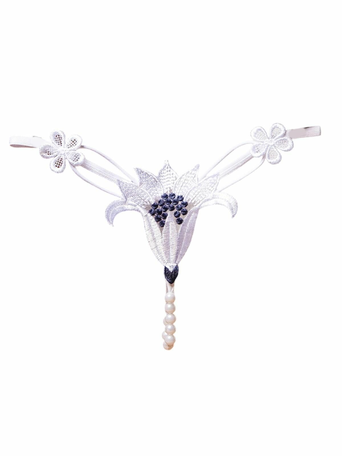 Жемчужные стринги с вышивкой, Белый