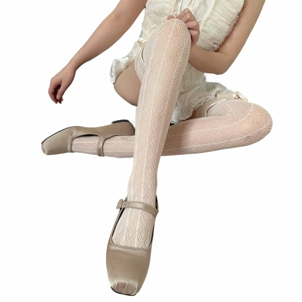 Кружевные колготки тонкие черные чулки JK-белые