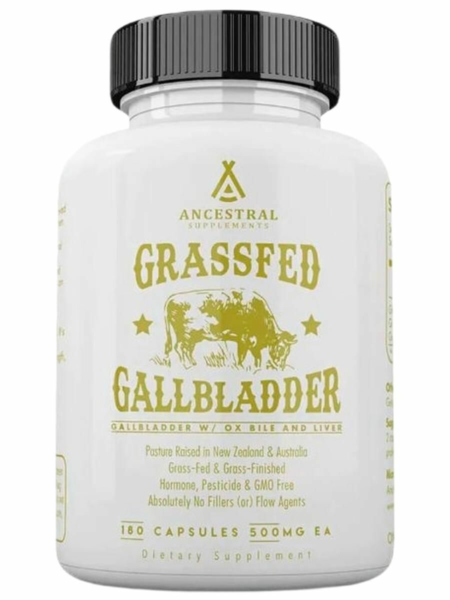 Ancestral Supplements, вытяжка из бычьей желчи и печени, травяной откорм, Grass Fed Beef Gallbladder, 180 капсул