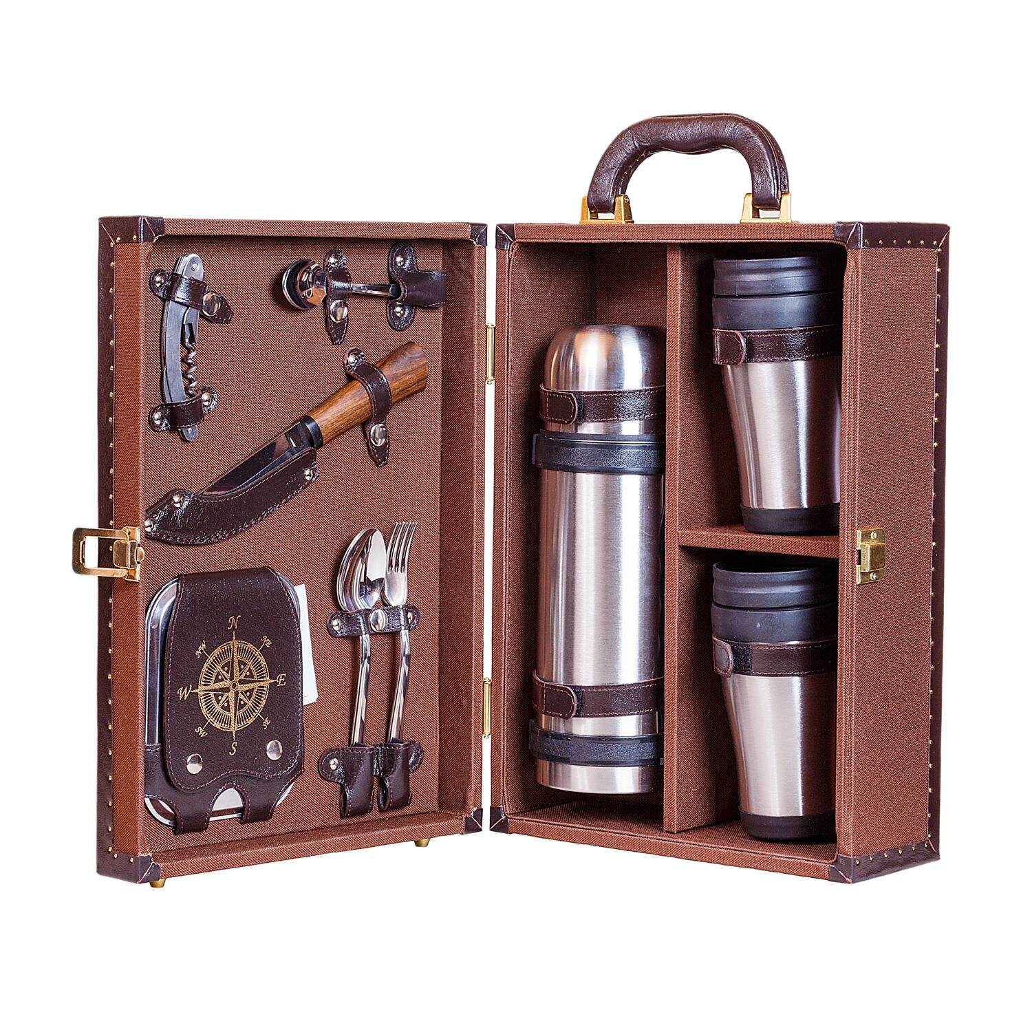 Набор посуды для поездок «Авто-Комфорт Компакт  — 2 коричневый» кожа-ткань (на 2 персоны) 417АТ2-КОР