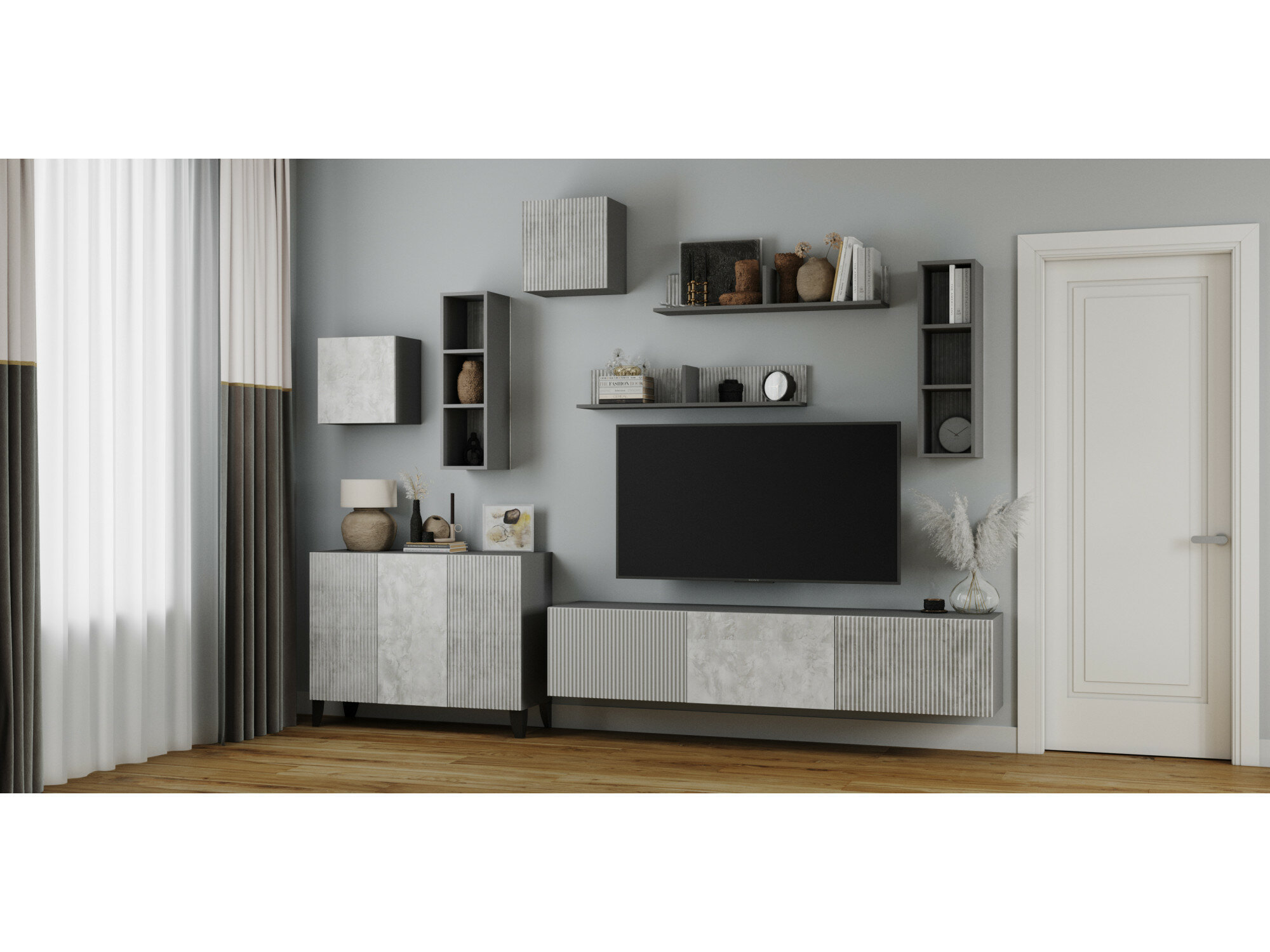 Гостиная в современном стиле, композиция 4, 295х210x38, МДФ графит/мальта