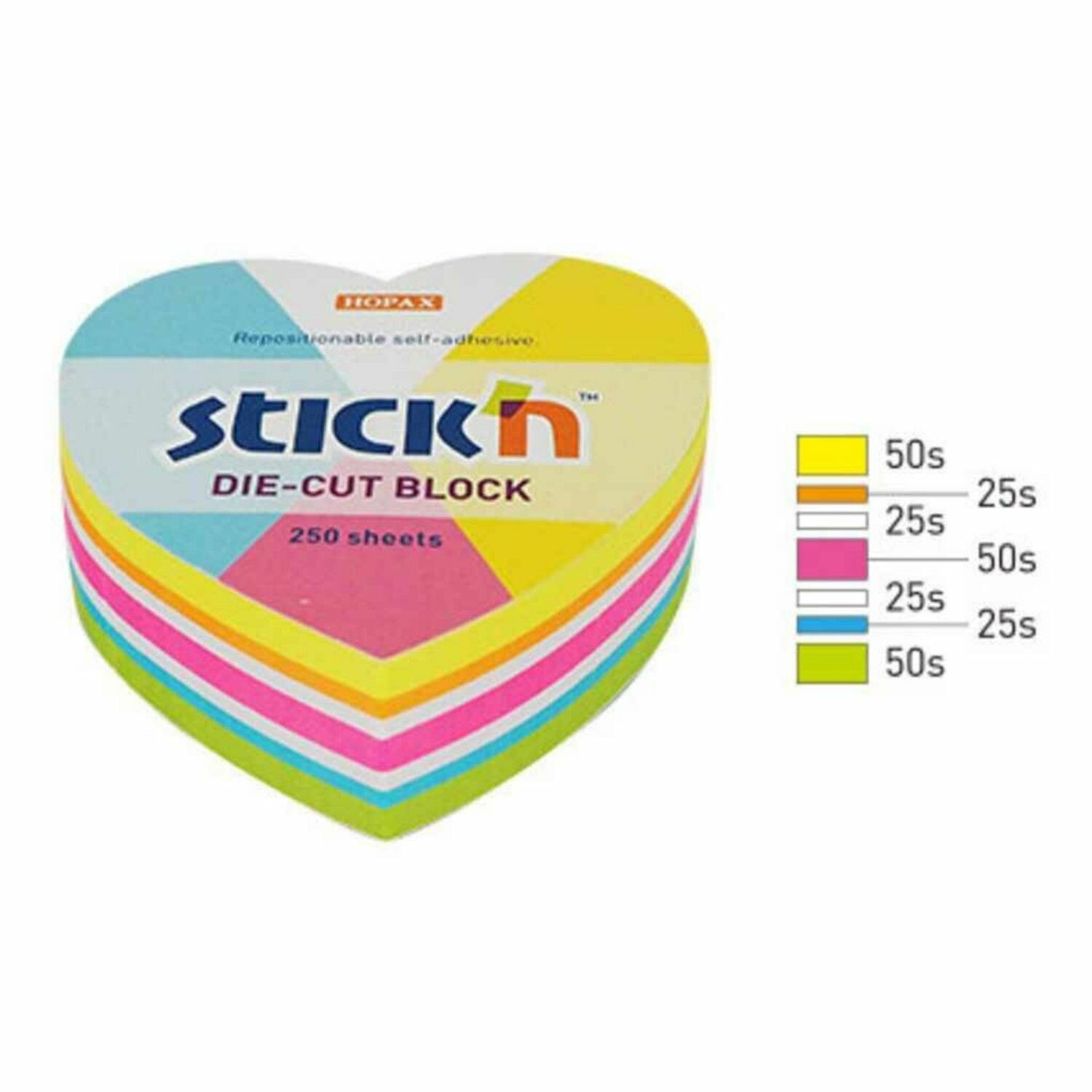 Бумага с липким краем (64*67мм) 250л, 5цв, Неон, сердце