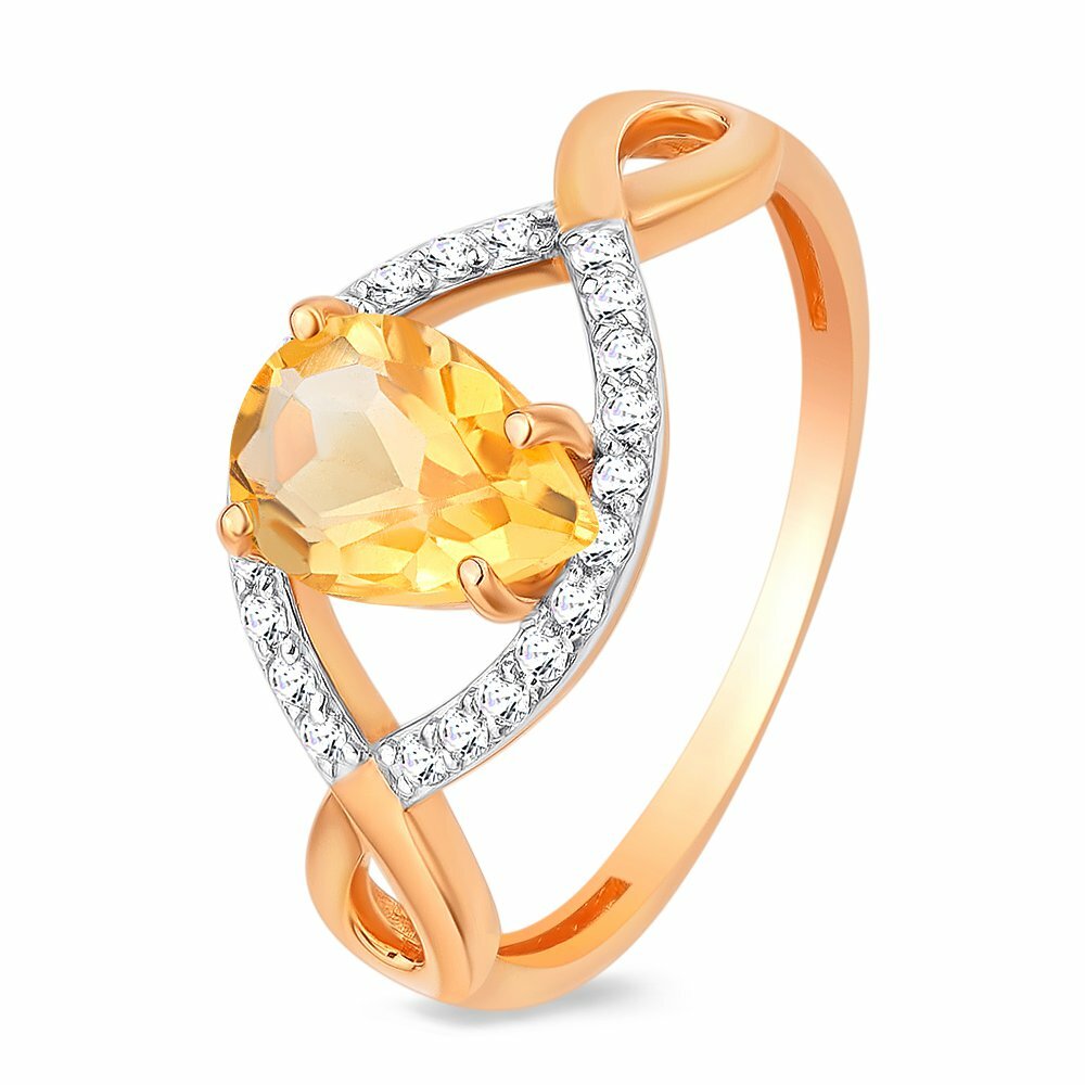 Кольцо, красное золото, 585 проба, родирование, фианит, цитрин