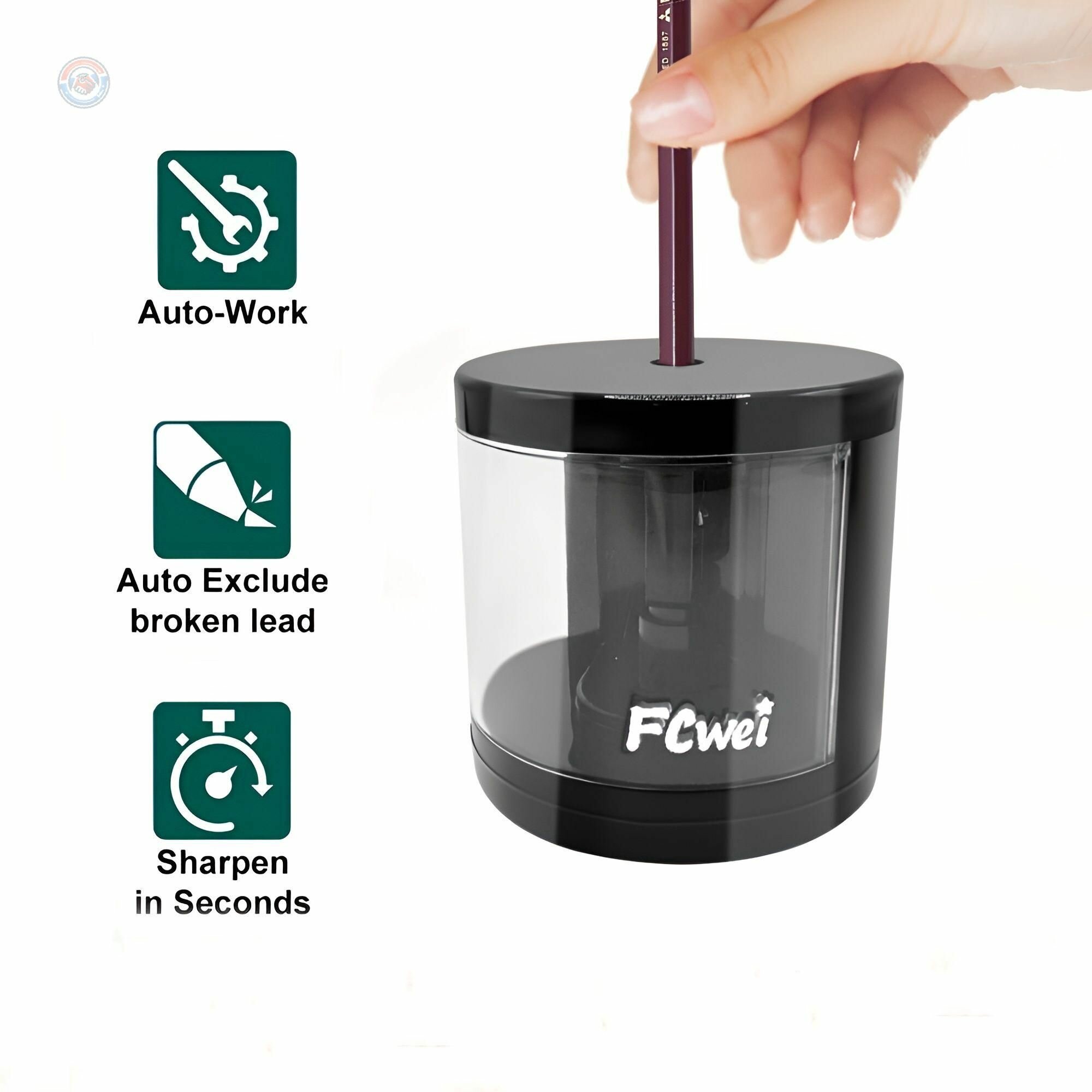 Электрическая точилка для карандашей — быстрая заточка 3–5 сек, защита от травм, черная, металл и пластик, для офиса