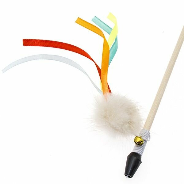 Дразнилка-удочка для кошек Кот Лукас "Пушистик", из норки, с лентами, 50 см, деревянная палочка