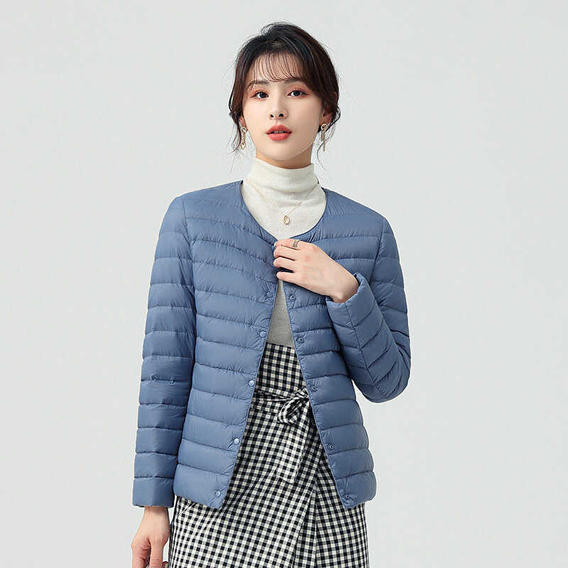 Куртка, Женская легкая пуховая куртка без воротника, ультратонкая и компактная для носки осенью и зимой, на белом пуху, с V-образным вырезом, универсальная под куртку