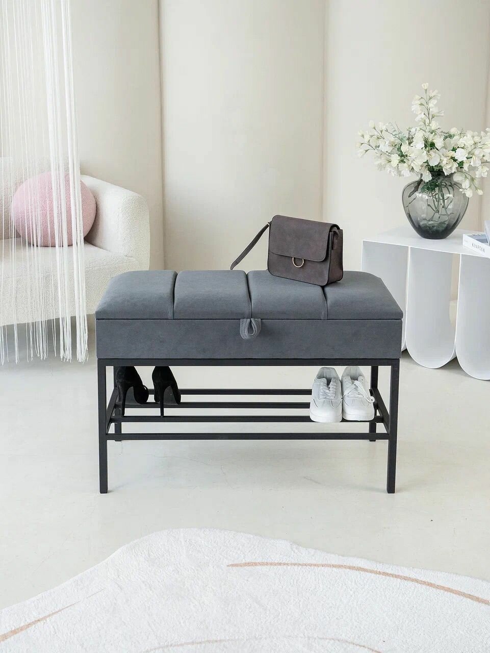 Банкетка в прихожую с мягким сиденьем, ящиком и полками для обуви 80х35х51см