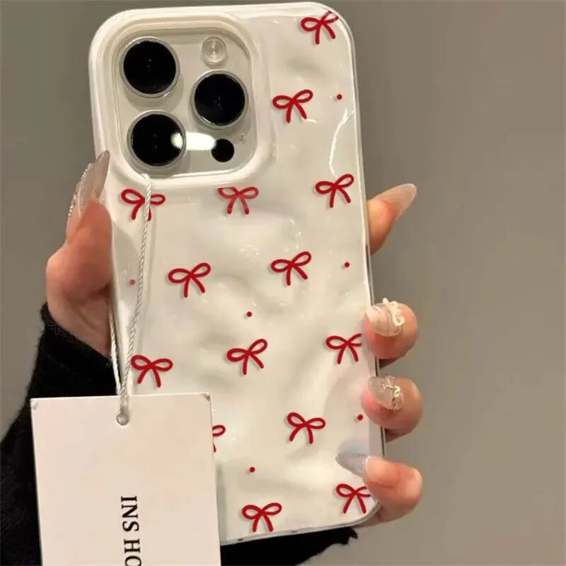 Милый чехол для телефона с красной текстурой и бантом в горошек для iPhone 17 16, Funda iPhone 11, 12, 13, 14, 15 Pro Max Plus 17Air, противоударный мягкий чехол