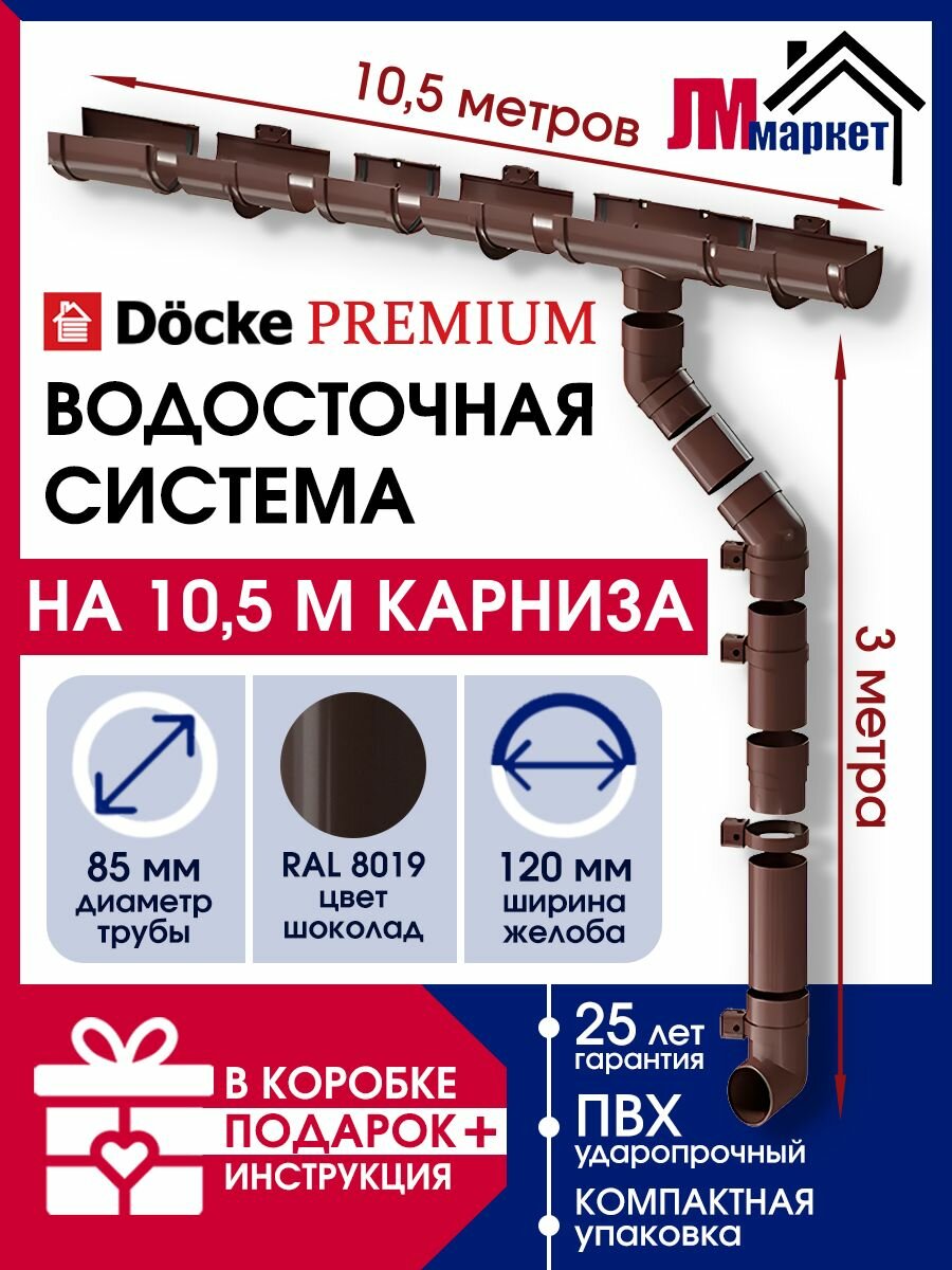 Водосточная система, Docke Premium, 10,5м/3м, RAL 8019, шоколад, водосток для крыши дома