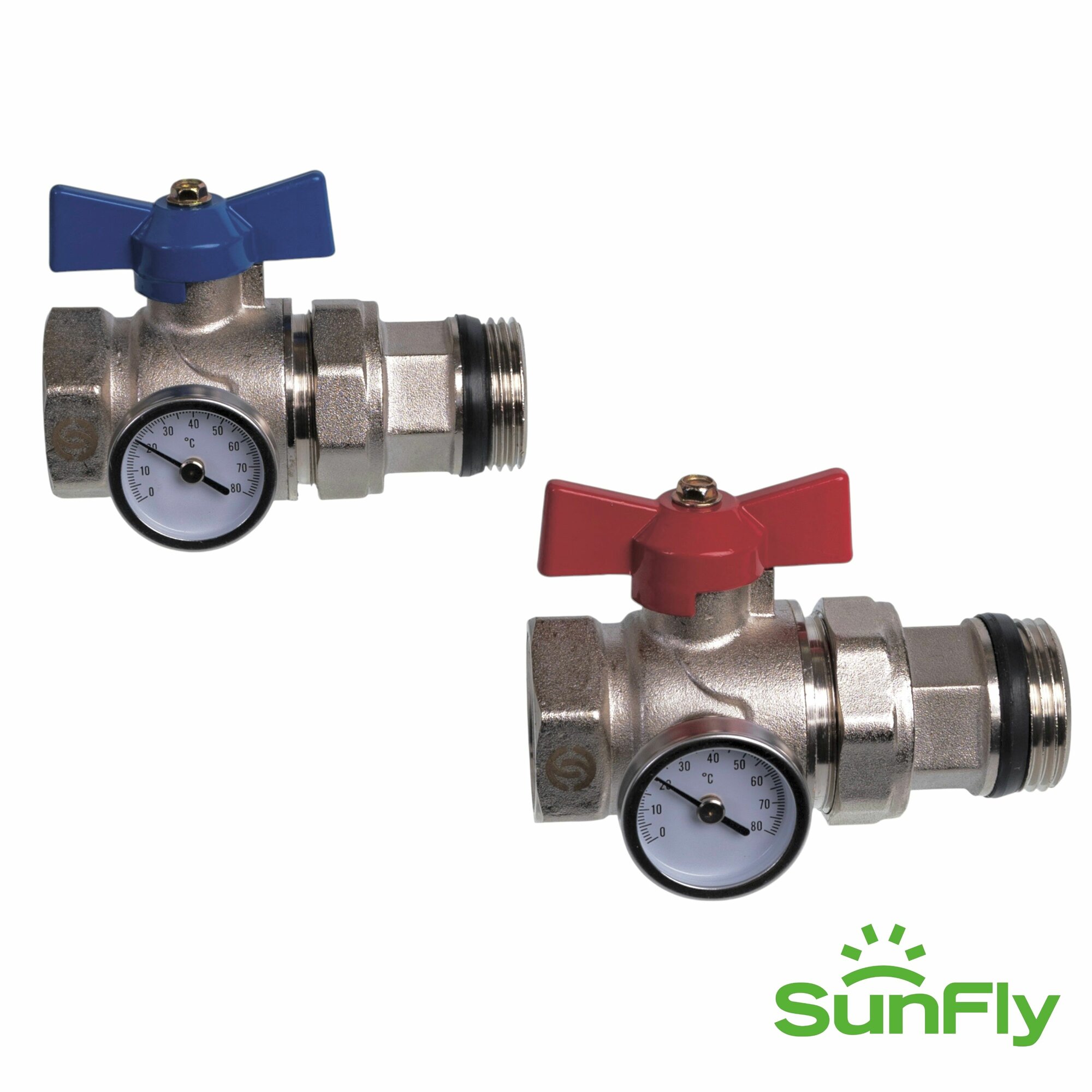 Комплект прямых коллекторных шаровых кранов с термометром 1" SUNFLY (83270-1)