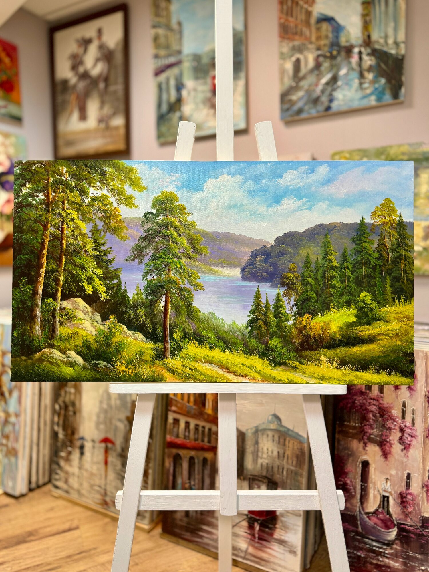 Картина маслом Летний пейзаж. Река в лесу. Тропинка горы. 50х90 см Художественная мастерская Грёзы. Размер 90x50 см.