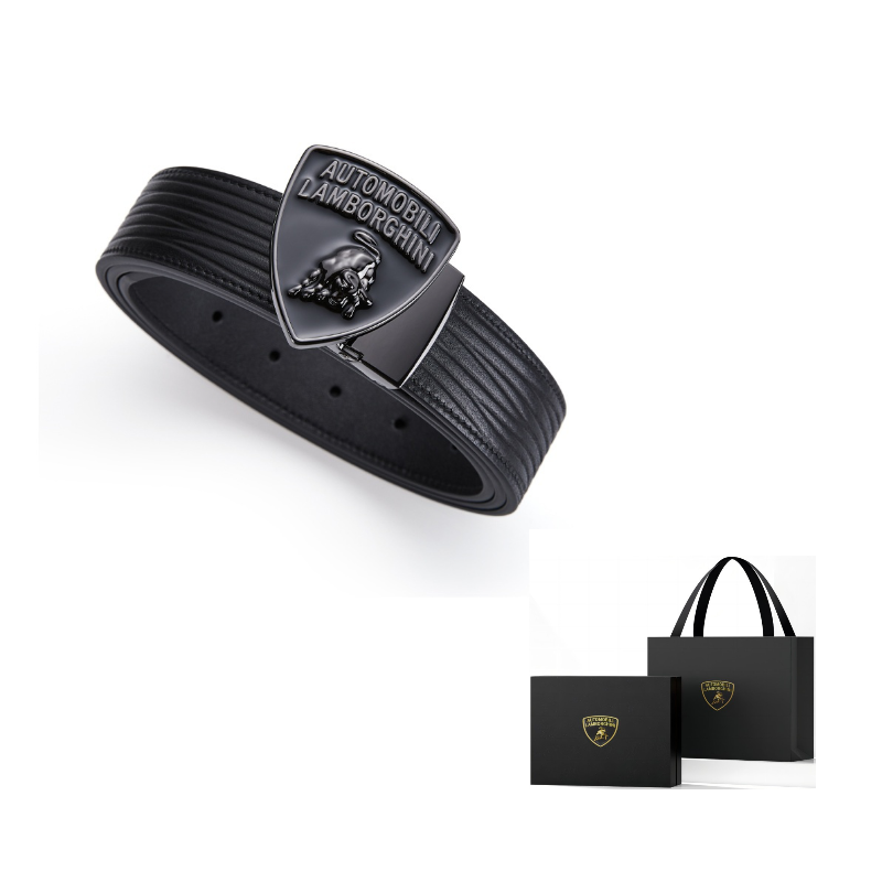 Automobili Lamborghini Cow Leather Belts Men's Black Width 3.4cm 120cm