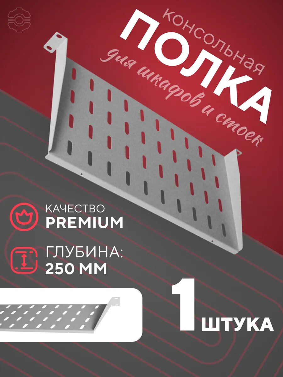 Полка консольная металлическая для шкафов и стоек 19 дюймов 250мм 1U