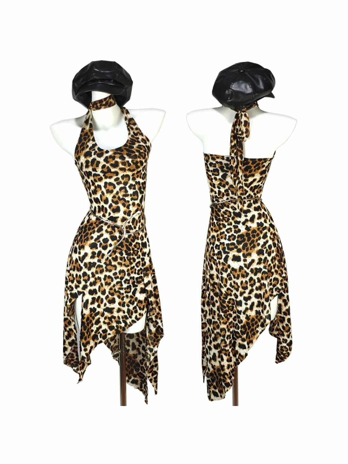 Модное платье с леопардовым принтом и открытой спиной, Черный - M