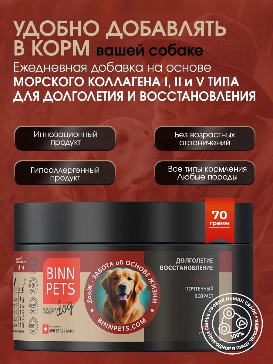 Натуральный морской коллаген для пожилых собак BINN PETS Sinior поддержка суставов, связок и иммунитета. Замедление старения и восстановление активности в банке 70 грамм