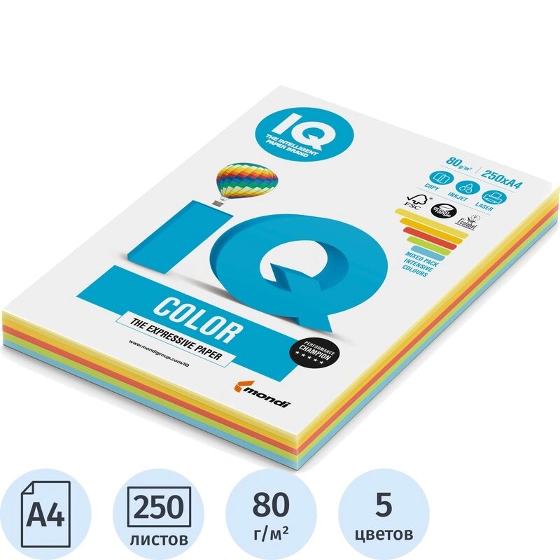 Бумага цветная IQ COLOR (А4,80г,5цв. интенсив по 50л.) пачка 250л.