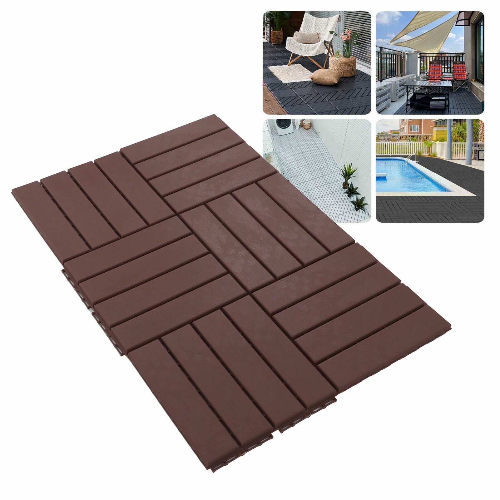 30 шт. взаимосвязанных плиток для террасы, нескользящие, водонепроницаемые, пластиковые напольные плитки для улицы, кофейного цвета