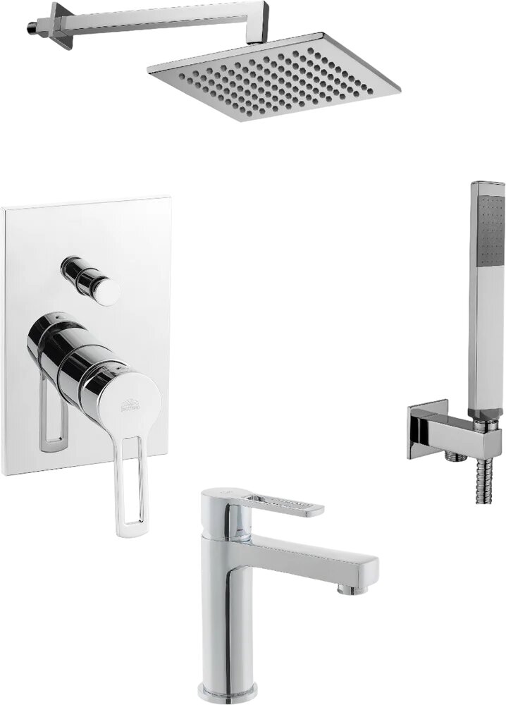 Комплект для ванной Paffoni Ringo KITRIN015CR071 5 в 1, встраиваемый, с внутренней частью в комплекте, со смесителем, с тропическим душем, латунный, из нержавеющей стали, хром, глянцевый, душевая сист