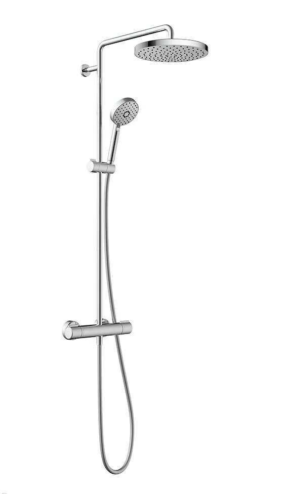 Душевая стойка Jacob Delafon Atom E36124-CP со смесителем, термостатическим, хром, глянцевая, с тропическим душем, с девиатором, с лейкой, душевая система, латунная