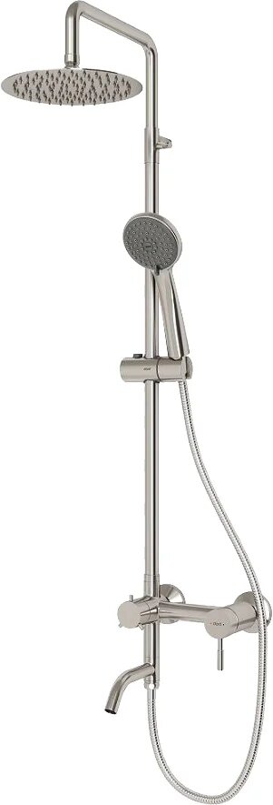 Душевая стойка Dorff Logic D0703000SS со смесителем, матовая, душевая система с тропическим душем, с изливом, с лейкой, нержавеющая сталь, рычаг сбоку