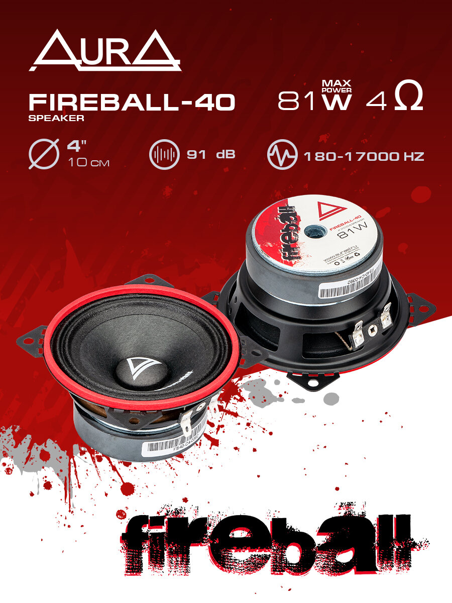 Колонки в машину AurA FIREBALL-40 / эстрадные динамики 10 см. (4 дюйма) / 2шт.