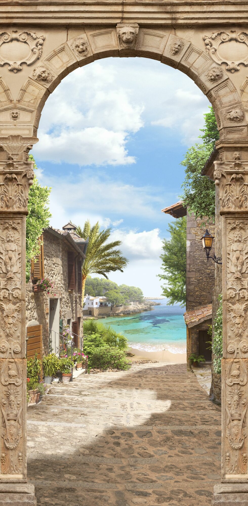 Фотообои Уютная стена "Арка с лестницей к морю" 130х270 см Бесшовные Премиум (единым полотном)