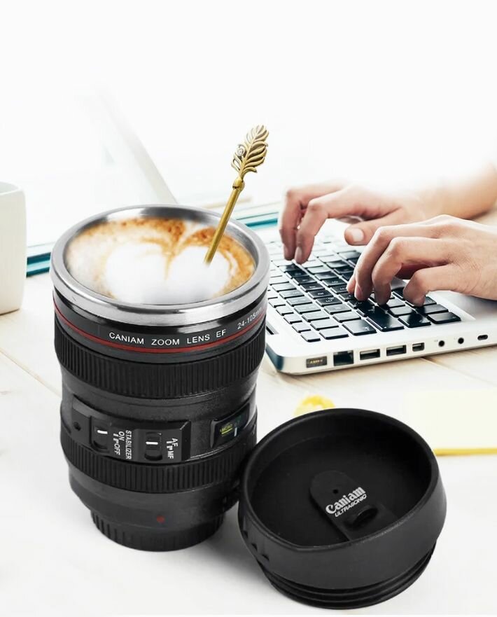 Кружка в виде Объектива для кофе или чая с крышкой нержавеющей стали, 350 мл