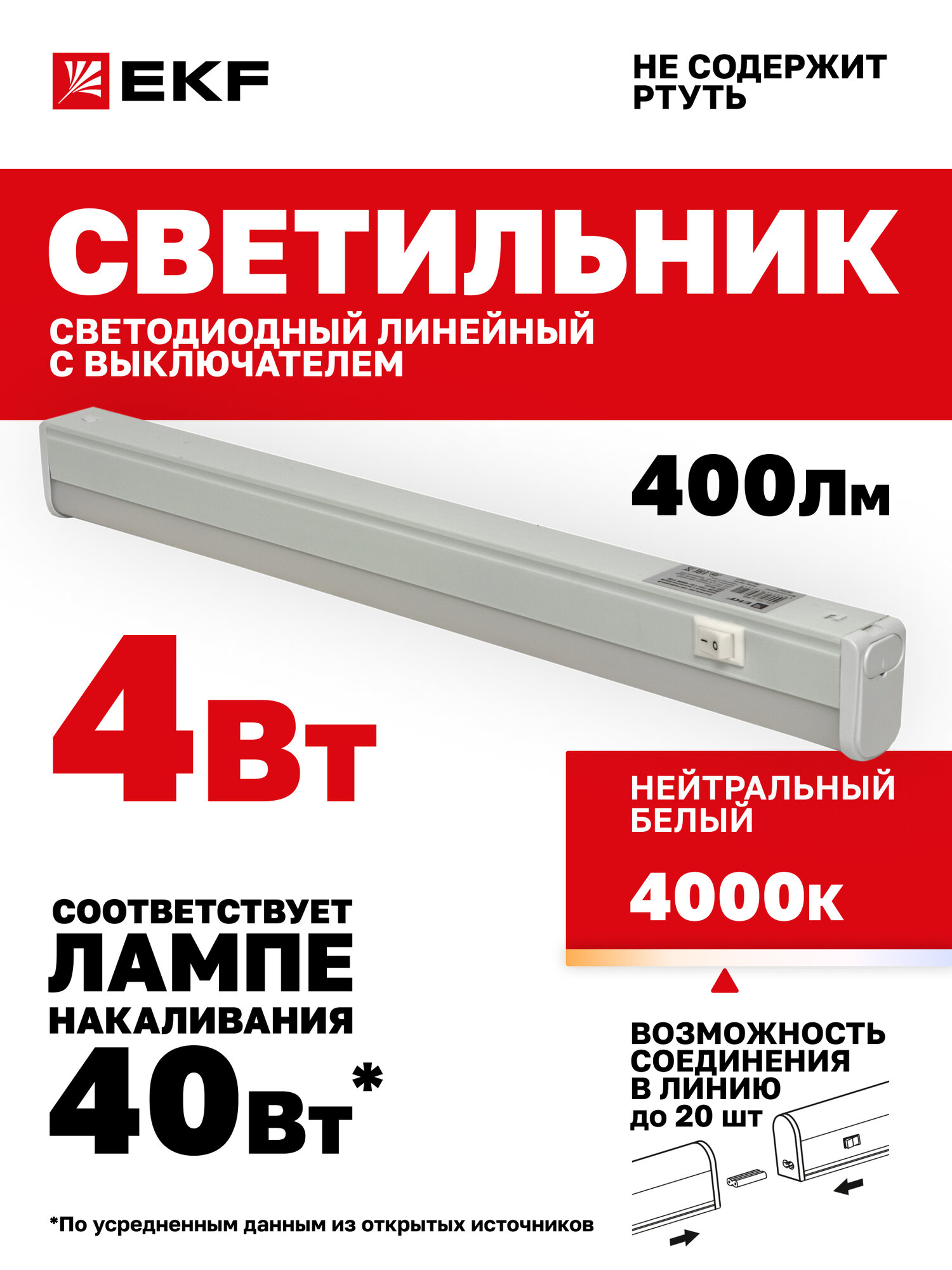 Светильник светодиодный линейный с выключателем EKF Basic ДБОВ-7101 4 Вт 4000K IP20 400Лм
