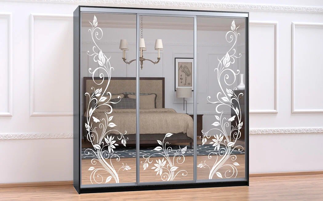 Шкаф купе для одежды Софино 3, с пескострйным рисунком, 180х45х240, белье/платье, цвет дуб сонома