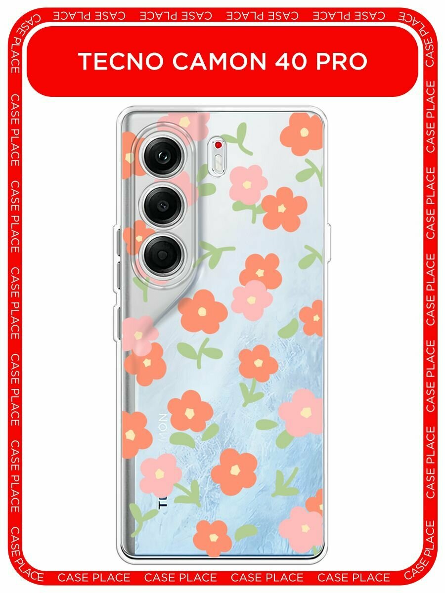 Чехол на Tecno Camon 40 Pro / Текно Камон 40 Про с принтом "Красные цветочки рисунок", прозрачный