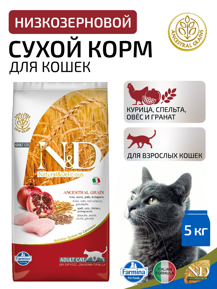 Сухой низкозерновой корм для взрослых кошек всех пород Farmina N&D Ancestral Grain Cat с курицей и гранатом, 5 кг. Срок годности 26.06.26г.