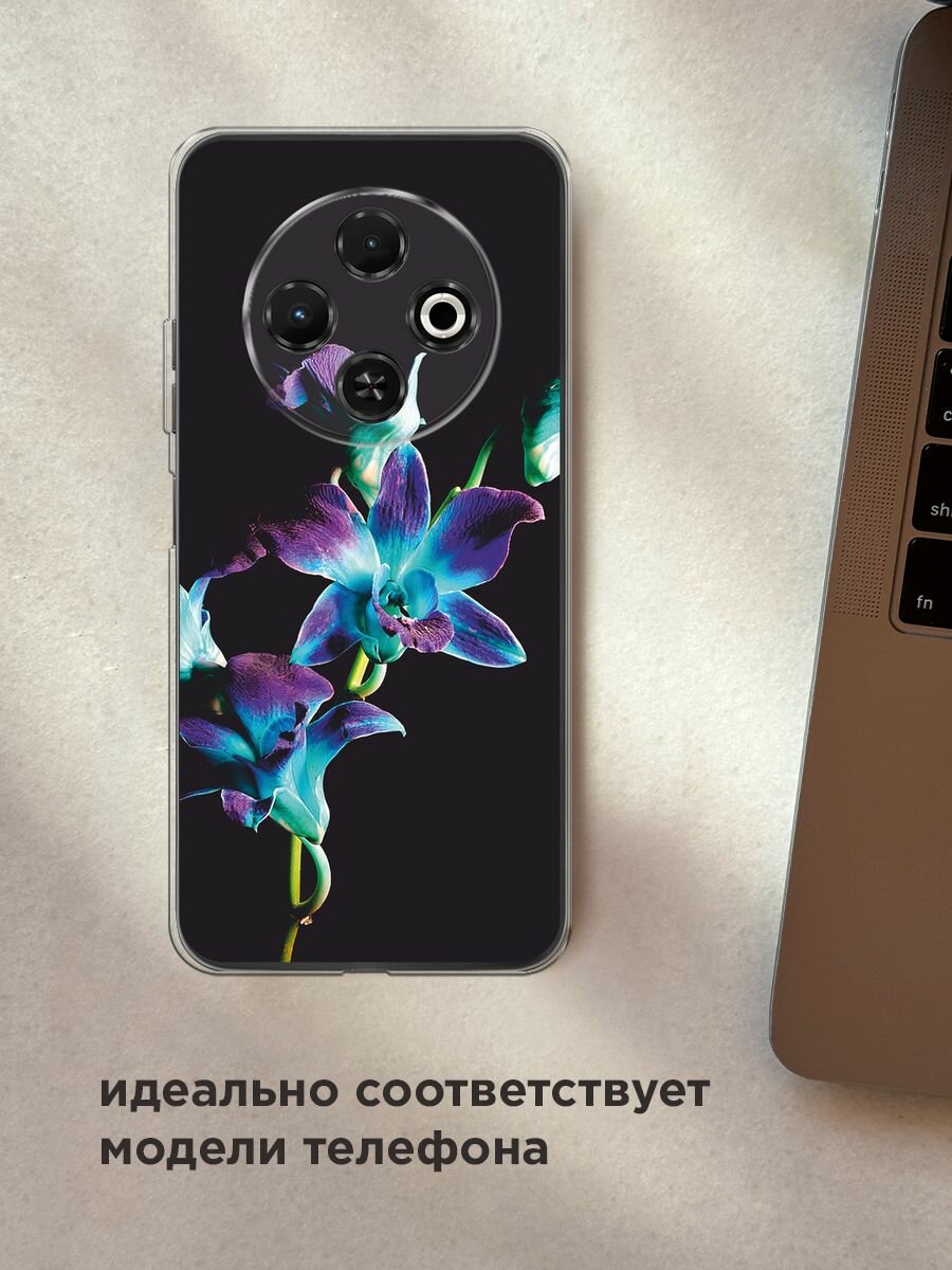 Чехол на Tecno Spark 30C / Текно Спарк 30C с принтом "Синий цветок на черном" — фото 1